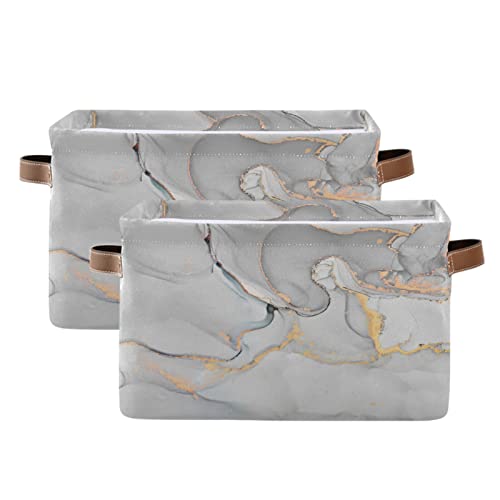 MNSRUU Storage Basket Grey Abstract Fluid Marble Collapsible Organizer Basket with PU Handles, Waterproof Nursery Storage Bin,2 Pack