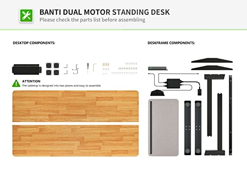 BANTI Dual Motor Adjustable Height Standing Desk, Electric Sit Stand Desk with Screen Panel, 48 x 24 Inches Stand up Desk, Home Office Desk with Rubberwood Top and Black Frame B-SDE-SP48BO-D