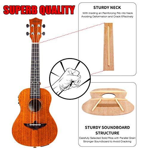 Electric Concert Ukulele, AKLOT Ukelele 23 Inch Solid Mahogany with Equalizer Uke for Professional Player with Beginner Kit (Gig Bag, Picks, Strap, String, Cleaning Cloth, Starter Manual)