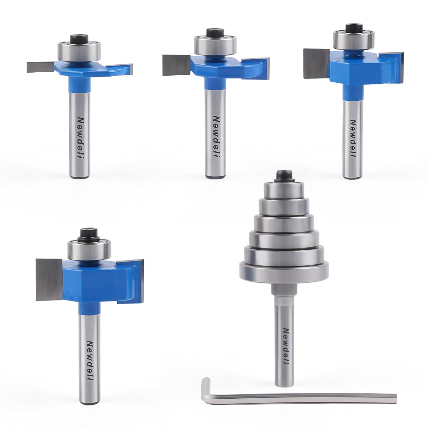 Newdeli Rabbet Router Bit Set 1/4 Inch Shank - 4Pcs Rabbeting Router Bits(1/8",1/4",3/8", 1/2" Height) with 6 Bearings Set (3/8", 1/2", 5/8", 3/4", 7/8", 1-1/8" Bearings) - Wood Biscuit Slot Cutters