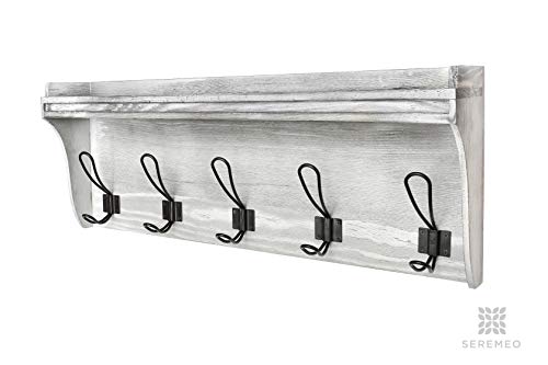 Seremeo Wooden Coat Rack, Wall Mounted Coat Rack with Shelf, Grey or Brown Mudroom Organizer, 26 inch Entryway Shelf with 5 Coat Hooks (Rustic Grey or Brown)