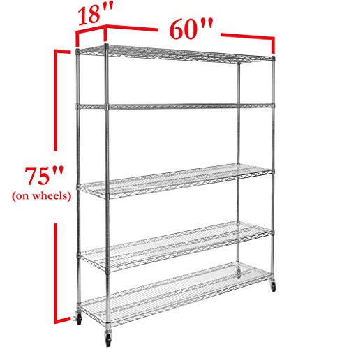 Seville Classics UltraDurable Heavy Duty NSF Solid Steel Wire Rack Storage Unit Organizer for Garage, Warehouse, Office, Restaurant, Classroom, Kitchen, 5-Tier Shelving, 60" W x 18" D