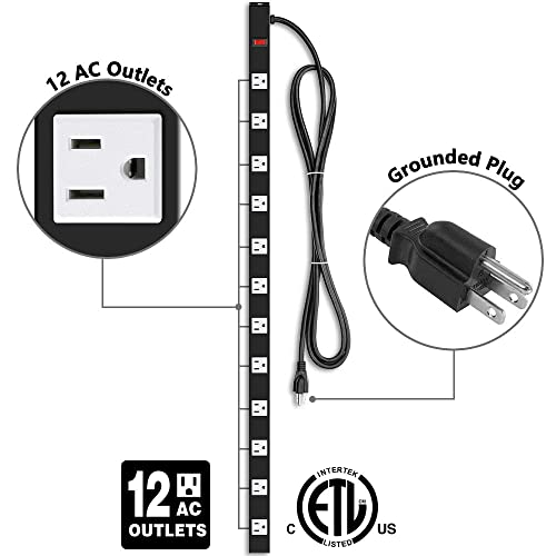 ANKO 12-Outlet Heavy Duty Workshop Metal Power Strip; 15-Foot Long Extension Cord; Mounting Brackets Included; ETL Certified (Black)
