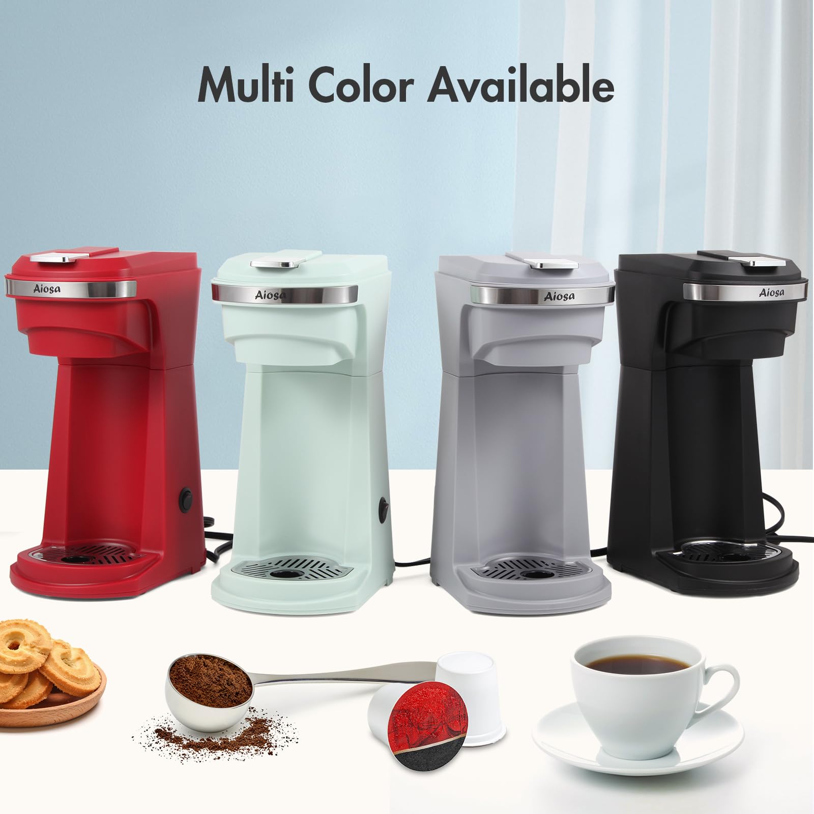 Aiosa Single Serve K Cup Coffee Maker And Ground Coffee Machine 2 in 1, 8 to 14 Oz Brew Sizes, Mini Personal One Cup Coffee Maker, Fits 7in.Travel Mug,Auto Shut Off,800W,Reusable Filter, CM-208RM1