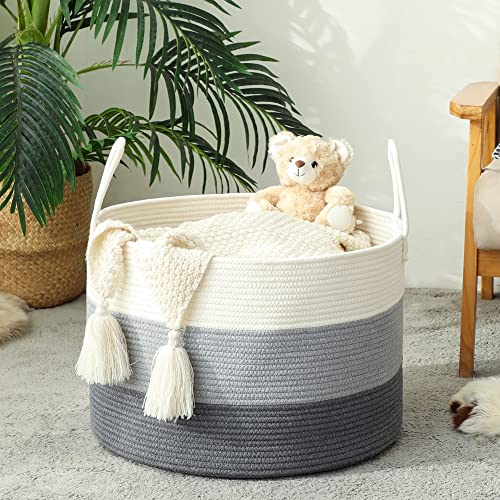 KAKAMAY Large Cotton Rope Blanket Basket (20"x13"),Woven Baby Laundry Hamper,Blanket Basket for Nursery, Laundry, Living Room, Pillows, Toys (White/Beige/Grey)
