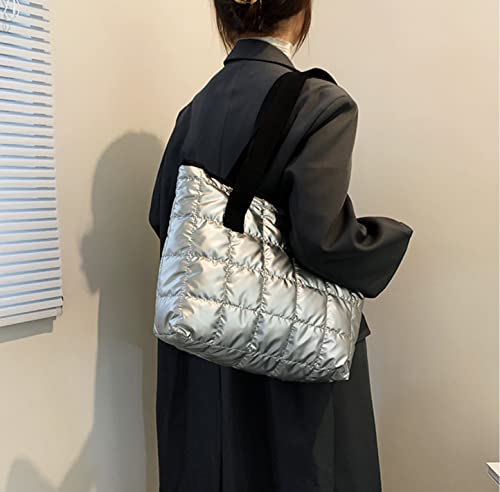Women Light Weight Puffer Quilted Tote Winter Handbag Shoulder Bag (Silver)
