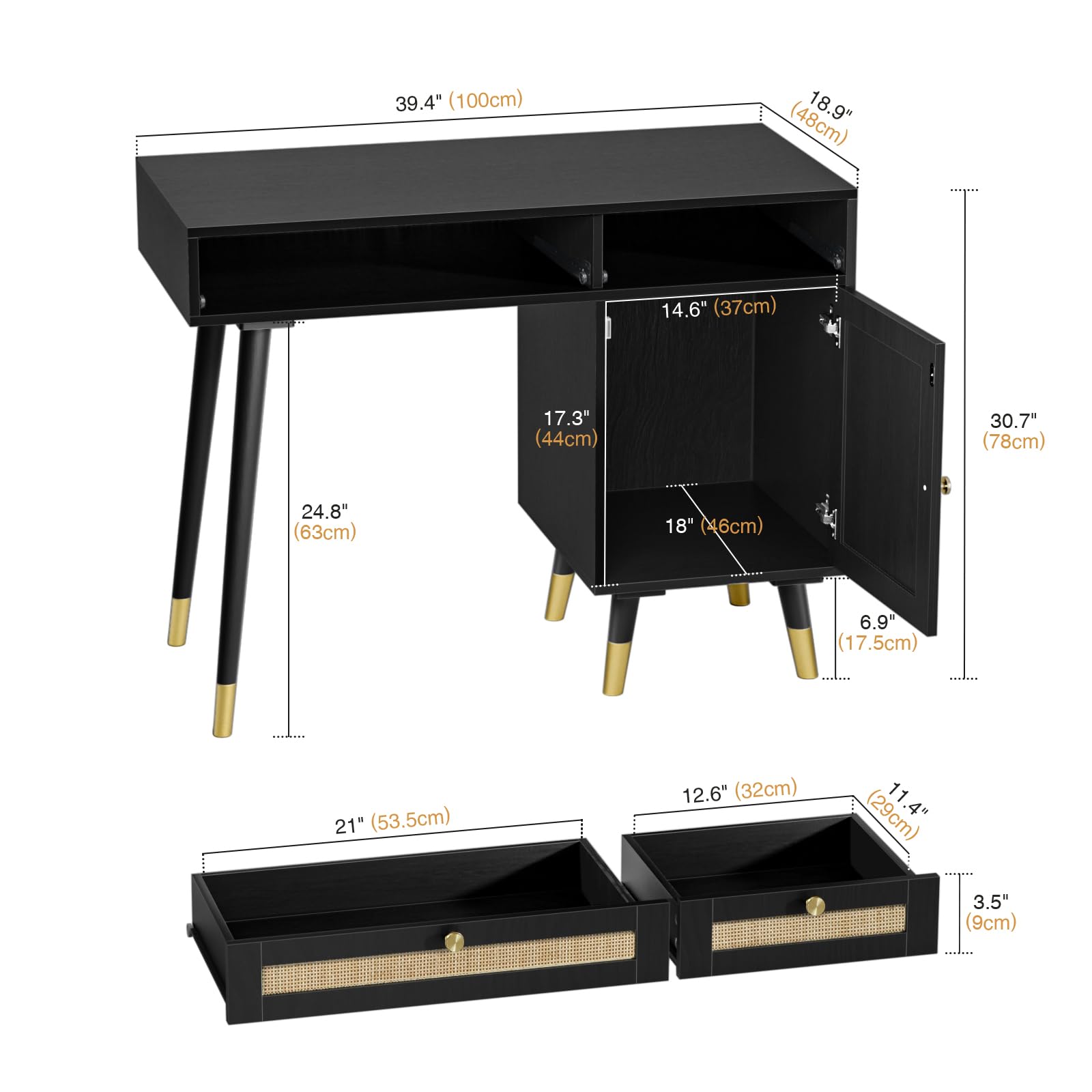 Anmytek Rattan Vanity Desk with Drawers and Storage, Black Makeup Vanity Table Modern Home Office Desk Computer Desk for Study D0005