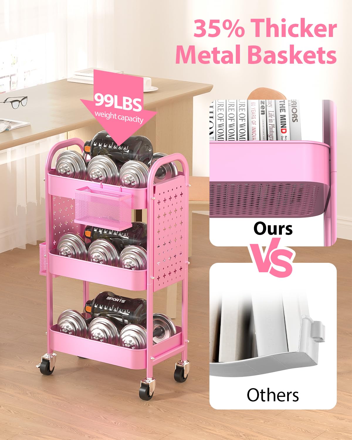 ALVOROG 3-Tier Rolling Utility Cart Movable Storage Organizer Shelves with Wheels and Hanging Cups Multifunctional Service Cart for Kitchen, Office, Coffee Bar-Black