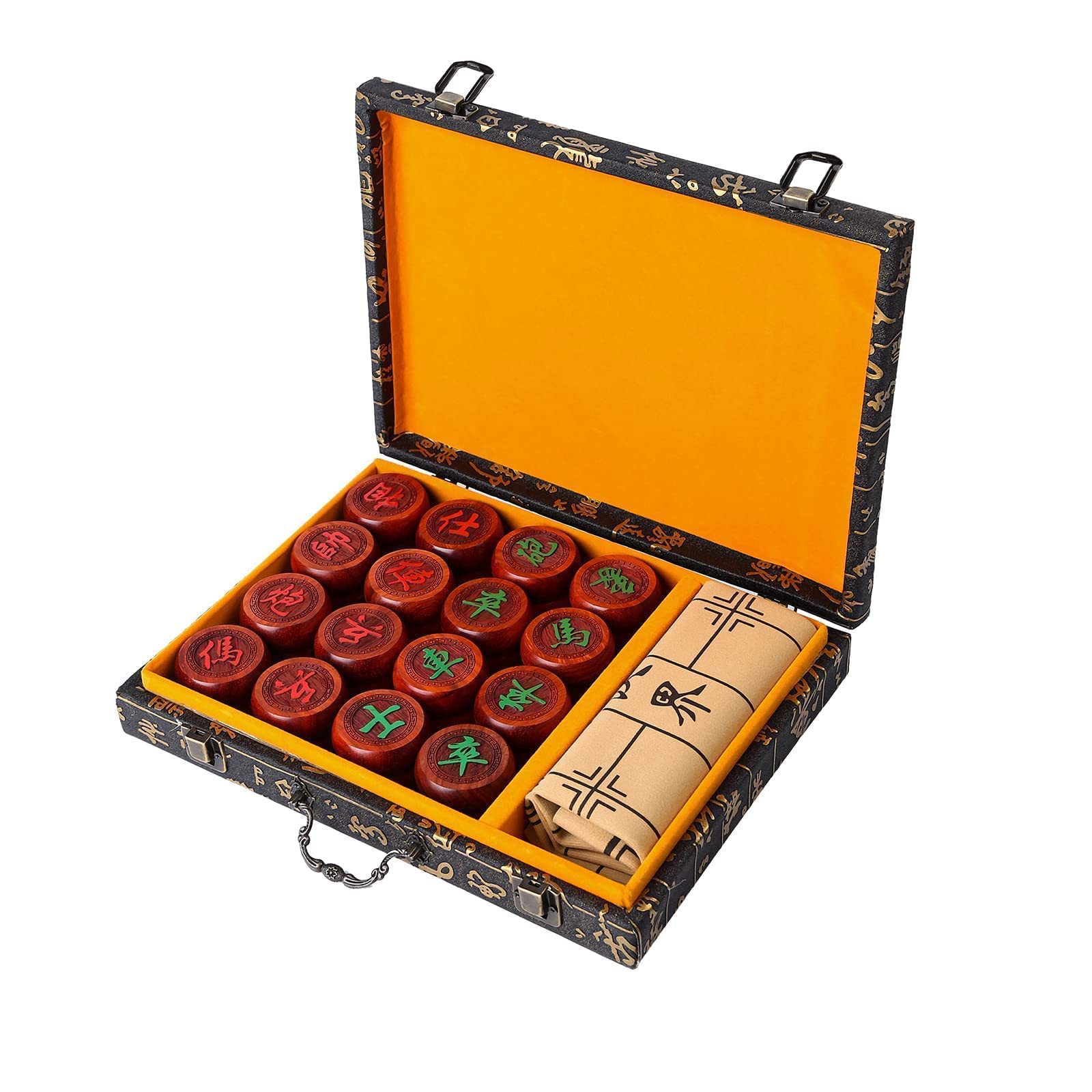 Wowwoody 1.88inch Mahogany Chines Chess Gift Box Set (Xiangqi ) Chines Traditional Xiangqi Classic Educational Strategy Board Games 2 Players Travel Game Set with Wooden Box and Leather Chessboard