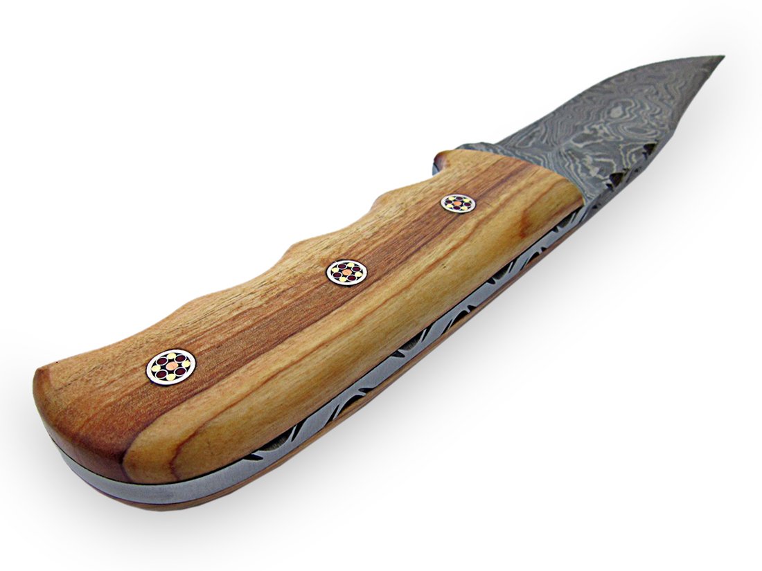 AishaTech Savage Fixed Blade Hunting Knife Damascus Steel Blade Wood Handle w/Mosaic Pin