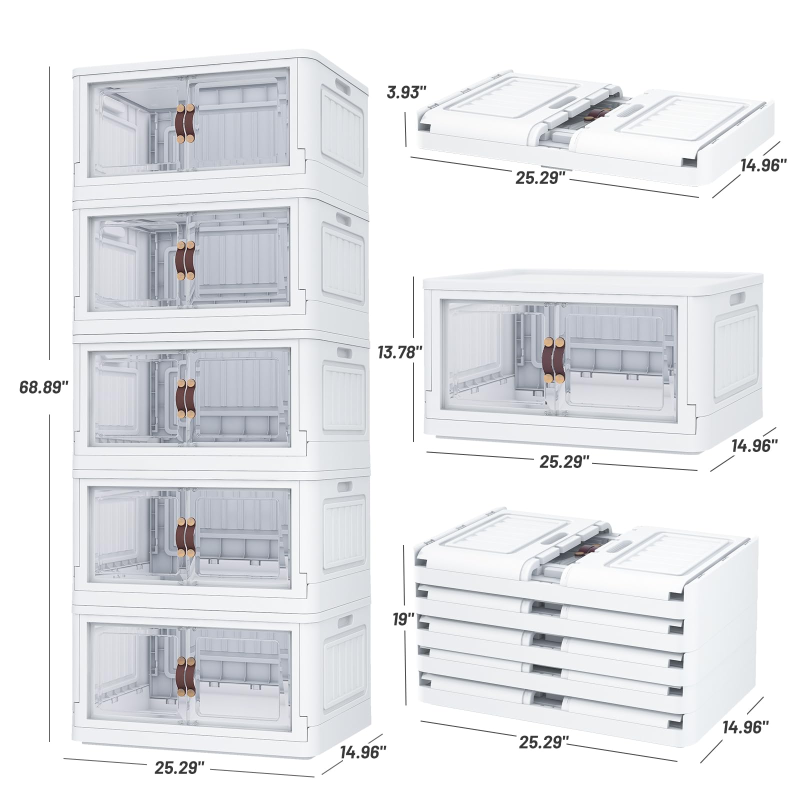 Storage Bins with Lids, 23 Gal White Closet Organizers and Storage, 5 Packs Collapsible Storage Bins with Wheels, Plastic Storage Bins, Double Door Stackable Storage Bins for Home and Office