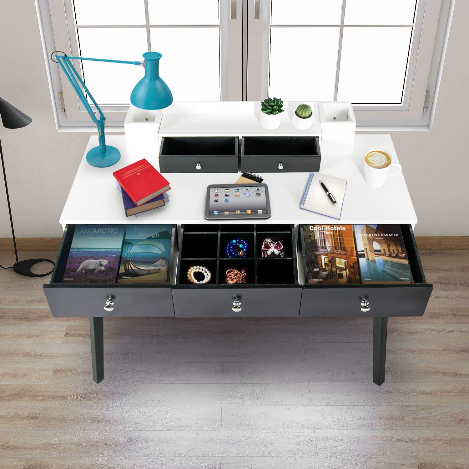 AILEEKISS Computer Desk with 5 Drawers Home Office Writing Desk for Bedroom Student Study Laptop Workstation Modern Simple Makeup Vanity Table for Small Space (Black and White)