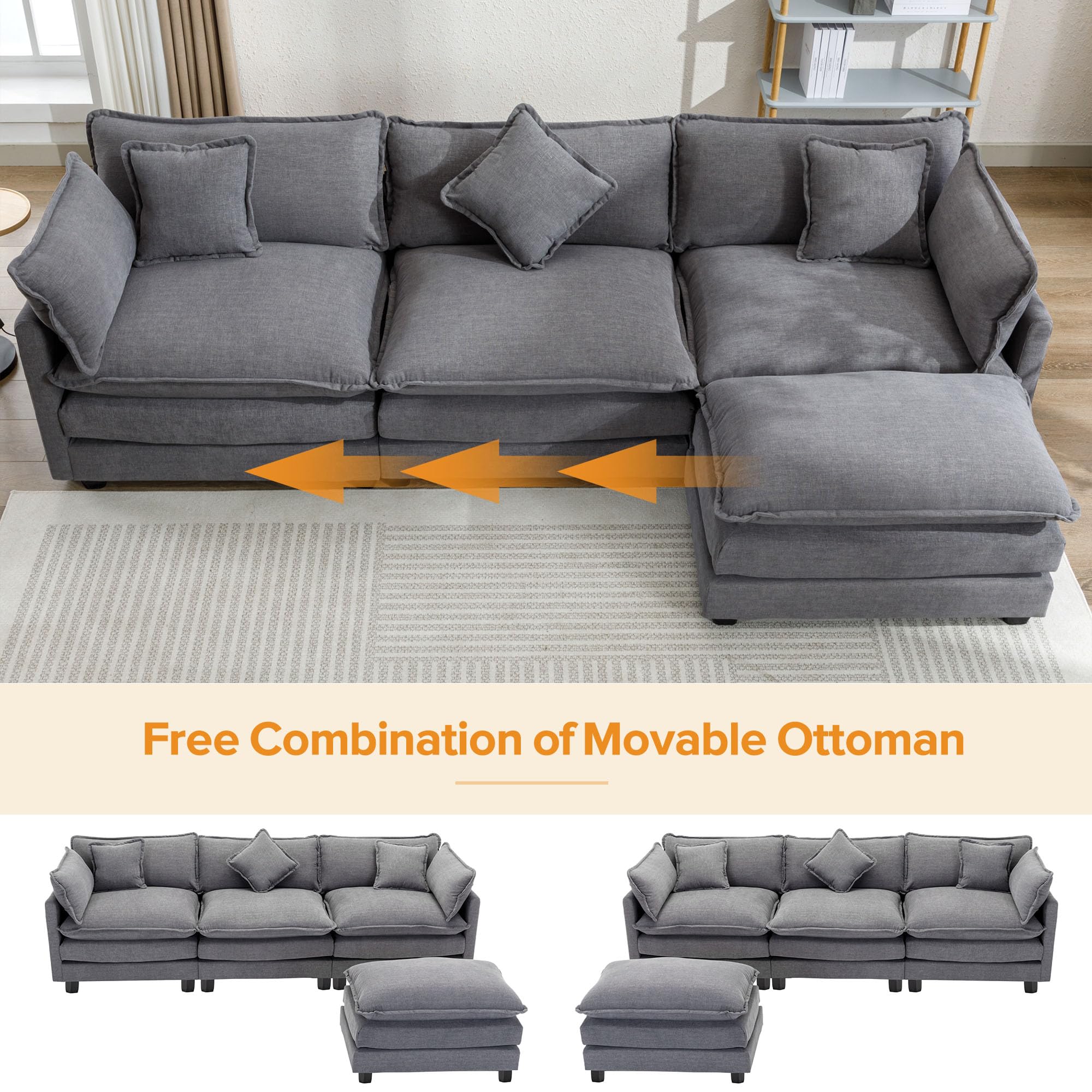 Ball & Cast 100.39" Modular Sectional Sofa with Removable Ottoman, L Shaped 3-Seater Cloud Couch with Pillows for Living Room,Apartment,Office,Grey