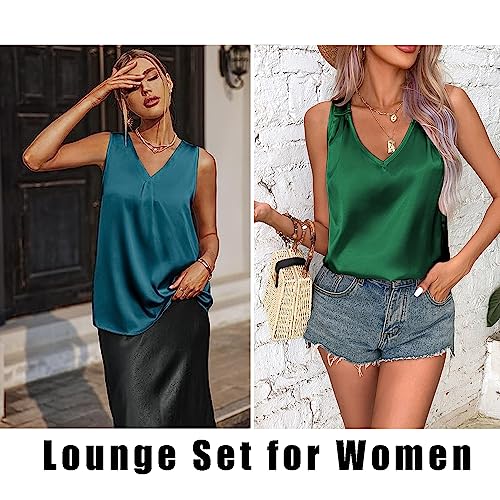 Ekouaer Satin Lounge Set Womens Two Piece Tank Top Pajamas Comfy Sleeveless Nightwear Loose-Fitting Silky Pjs Set (Blue Green,M)