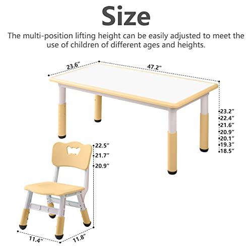 monleelnom Children's Table and Chair Set Suitable for Boys and Girls Age 2-12 Height Adjustable Table top Can be Painted with 6 Seats Suitable for Family Learning Daily use (Wood Color)