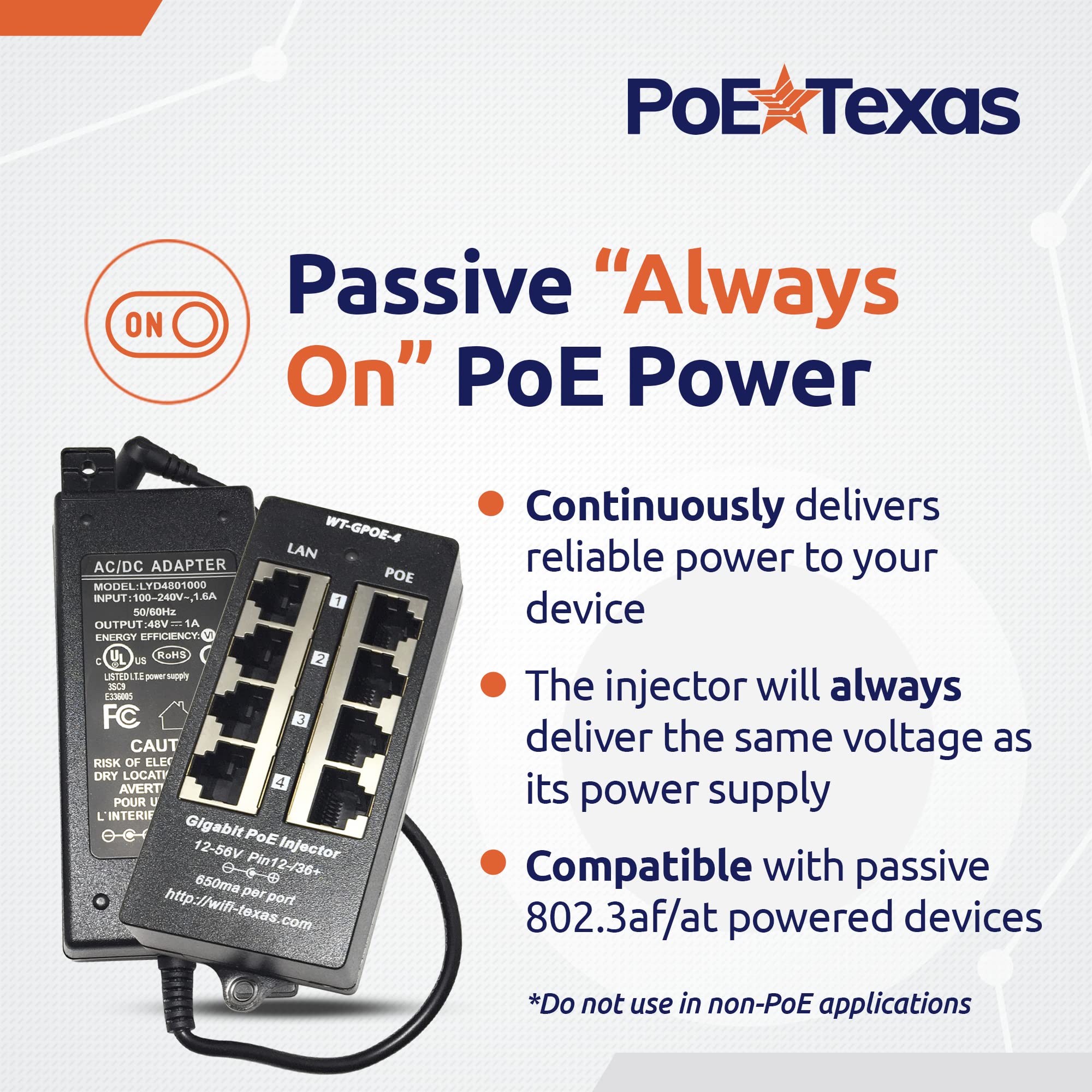 PoE Texas 4 Port PoE Injector - Gigabit Passive Power Over Ethernet with 48V 48W UL Power Supply - 802.3af PoE Injector for VoiP Phones, WiFi Access Points, IP Cameras - Add PoE to Any Switch