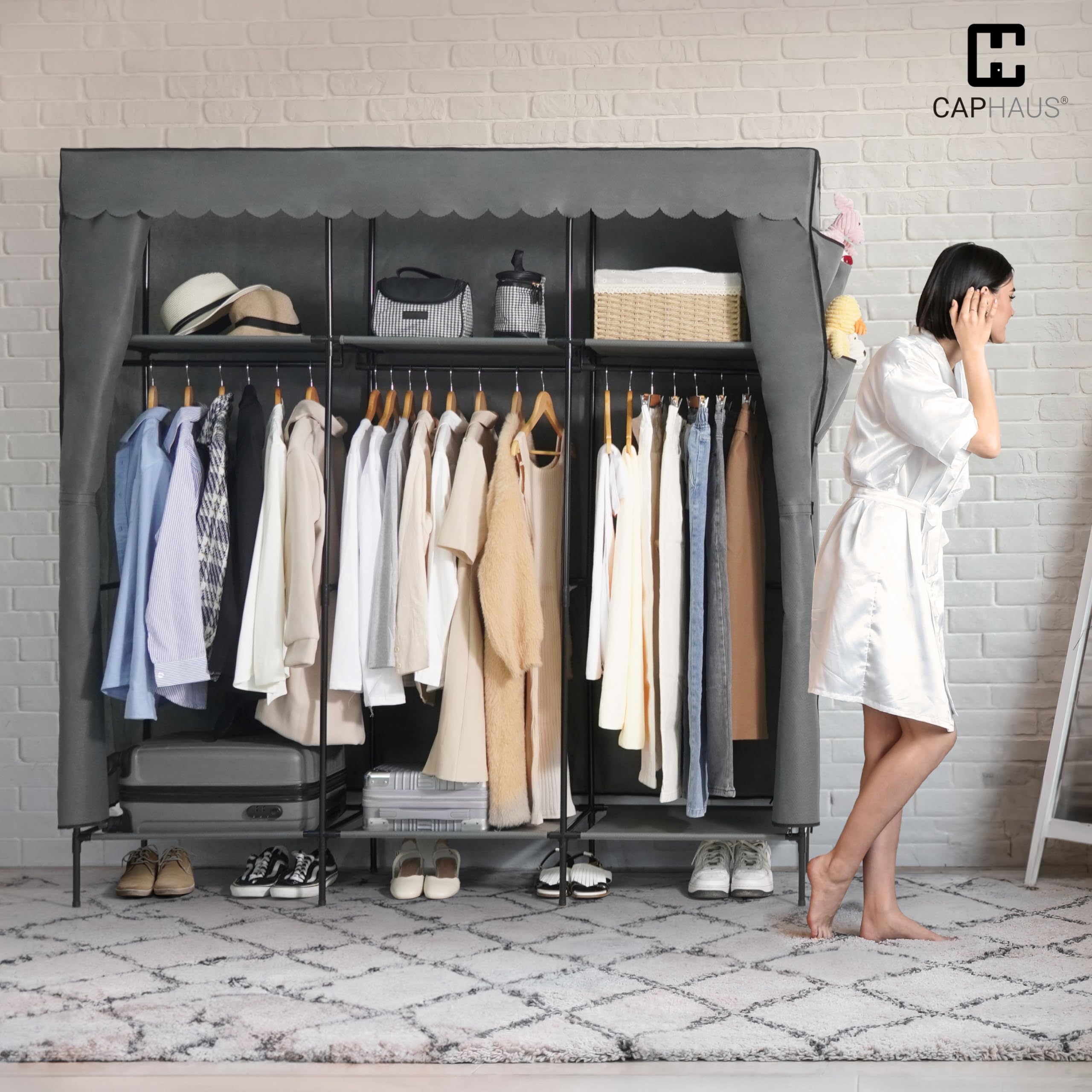 CAPHAUS 67-Inch Clothing Rack with Cover, Portable Closet Wardrobe, Covered Garment Rack for Hanging Clothes, 285LB Capacity Heavy-Duty Metal Frame Clothes Organizer Rack with Storage Shelves