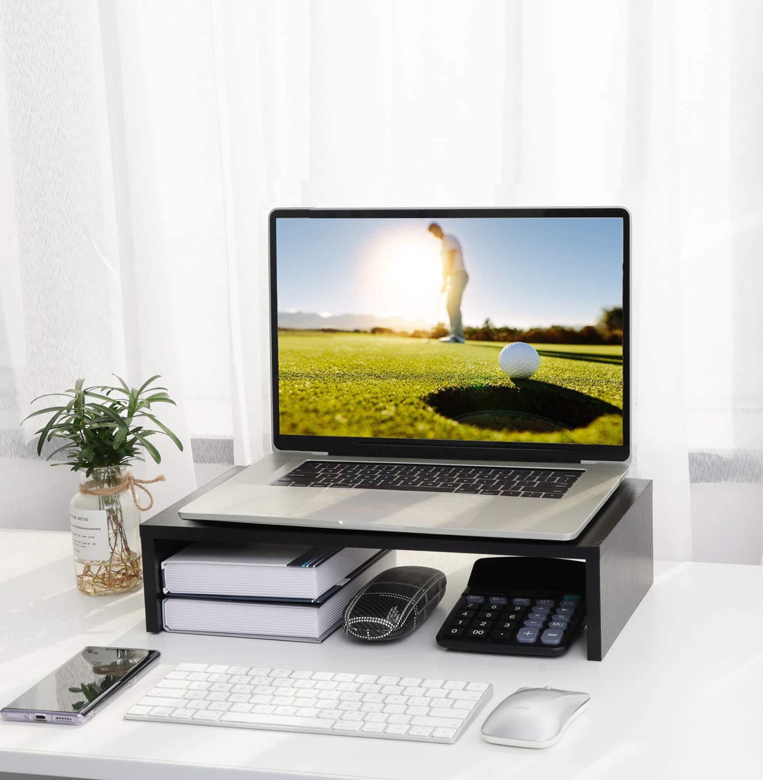 AMERIERGO Monitor Stand Riser, Computer Stand, Desk Organizer Stand, Desktop Printer Stand with Phone Holder and Cable Management, Versatile as Storage Shelf & Screen Holder, for Laptop Printer PC