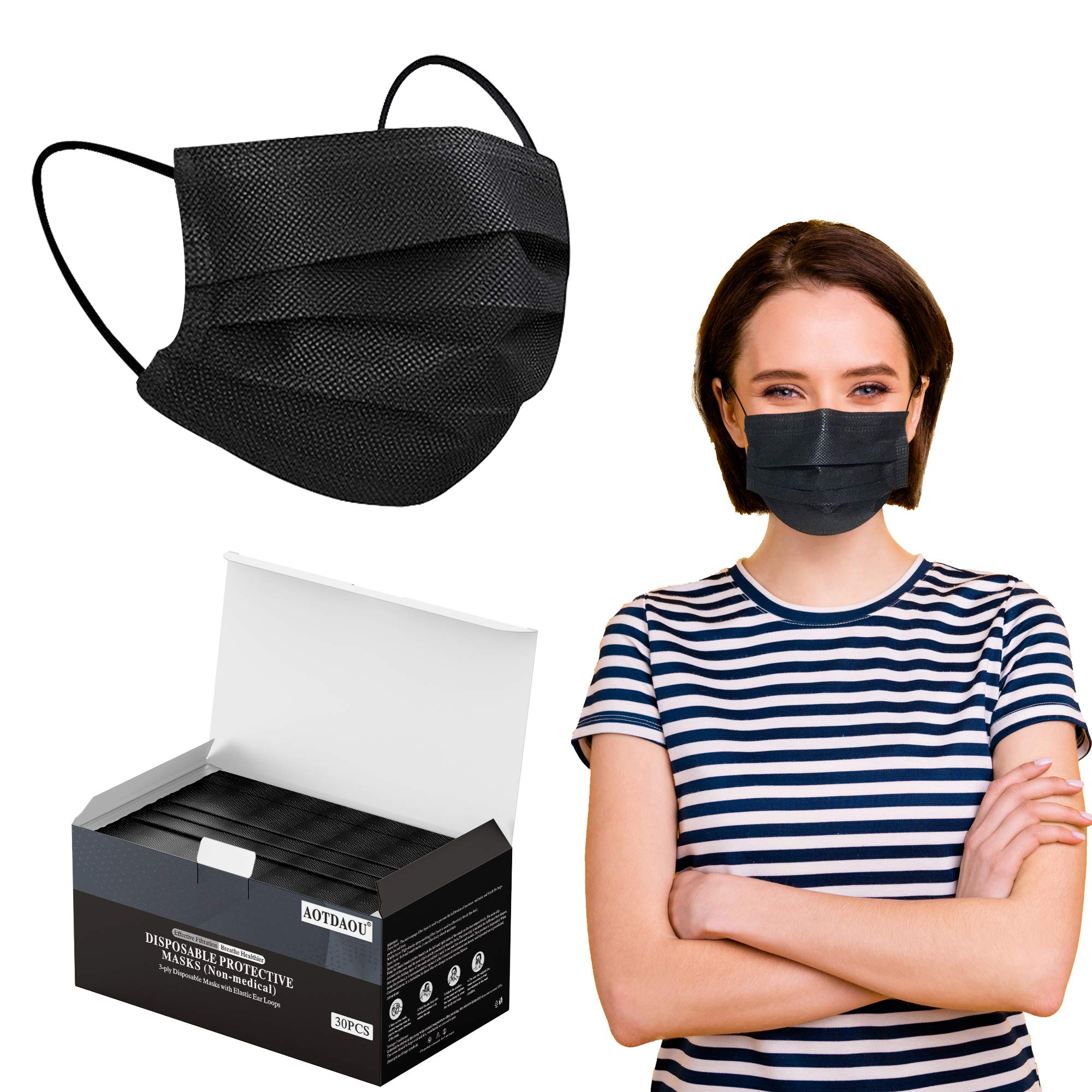 AOTDAOU Black Face Mask for Adults Women Men, Black Face Mask Disposable, Breathable Disposable Mask with Adjustable Ear Loops (30PCS)