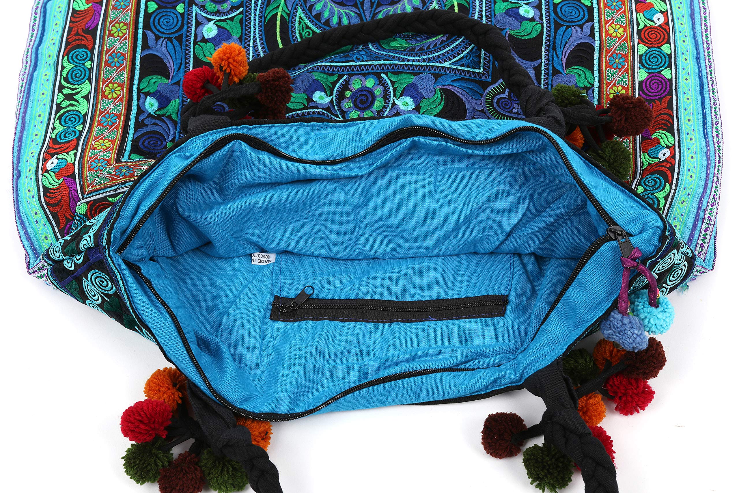 changnoi Unique Fair Trade Tote Bag Embroidered Fabric Large Size from Thailand (Bird Blue)