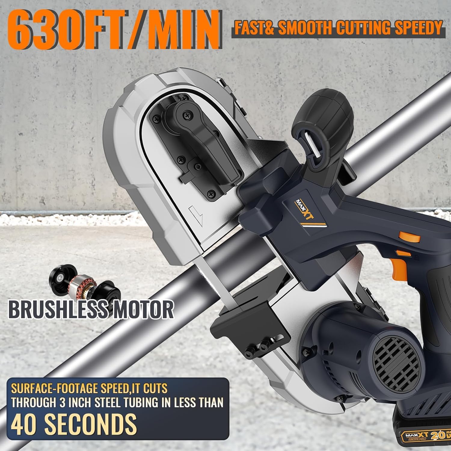 Bandsaw Cordless, MAXXT 2-1/2 inch Brushless Power Metal Bandsaw 20V MAX 2.5" Cutting Capacity 6 Speeds Adjustable, No Hot Sparks When Cutting Metal, Portable BandSaw for Deep Cut