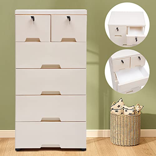 OUKANING Plastic 6 Drawers Storage Cabinet, Modern Beige PP Stackable Vertical Clothes Storage Tower for Storing Clothes, Toys, Books, and Other Items
