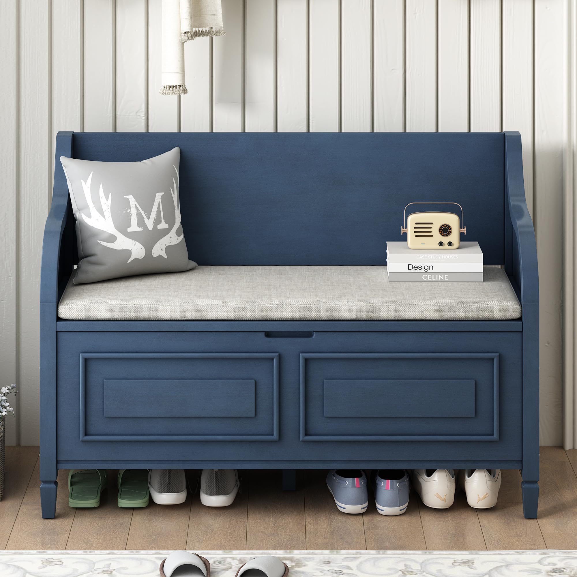 Aisurun Storage Bench, Entryway Bench with Backrest and 4 Drawers, Shoe Bench with Removable Cushion for Hallway Entryway Living Room (White)
