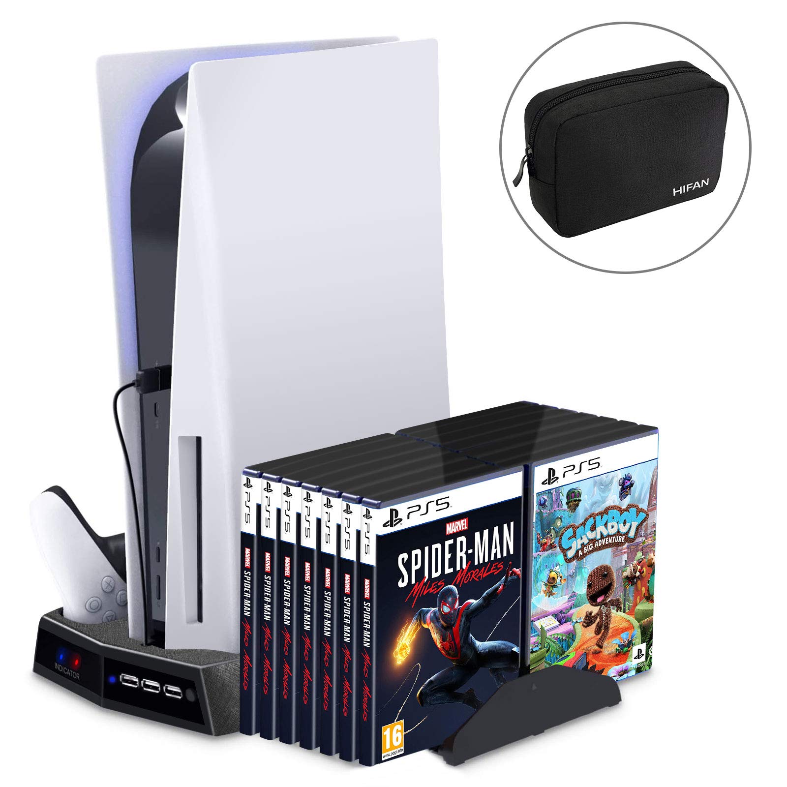 AKNES Vertical Stand with Cooling Fan for PS5/Playstation 5/PS5 Digital Edition, Dual Controller Charger Station with 14 Game Storage and Dualshock Charger, 3 Extra USB HUB Port, A PS5 Storage Bag