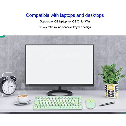 ASHATA Wireless Keyboard Mouse Combo, 86 Keys Retro Round Keycap Cute Mix Color USB Keyboard Mouse Set, 1200DPI Mouse, Gaming Keyboard for Girls, Compatible with Laptops Desktop Computers(Green)