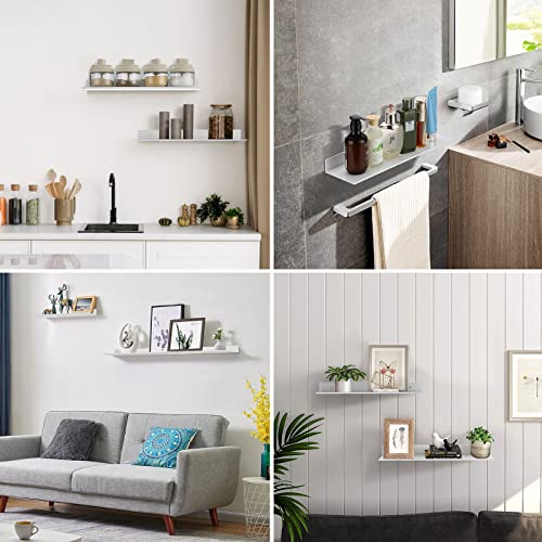OwnMy Set of 2 White Metal Floating Shelf Wall Mount Bathroom Shower Shelves Brackets Floating Wall Racks, 16 Inch Metal Display Wall Shelves Modern Floating Storage Shelves for Kitchen Living Room