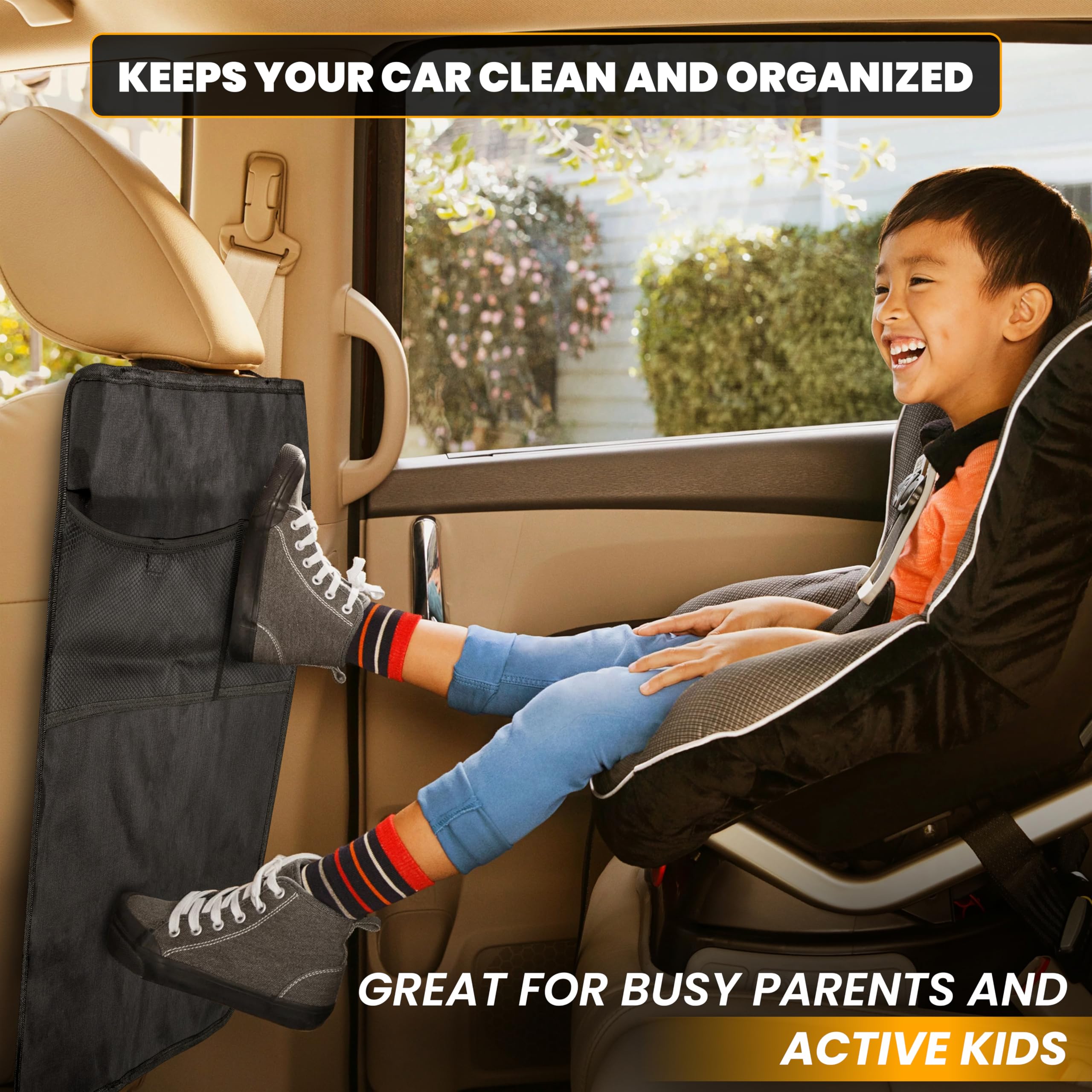 EcoNour Car Seat Cover for Kids (2-Pack) | Premium Waterproof Fabric Back Seat Cover | Car Kick Mats with 3 Pocket Protector | Essential Car Seat Protector for Child Car Seat | Car Seat Protector