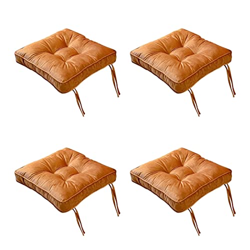 ZIBENE Set of 4 Dining Chair Cushions with Ties Soft Comfort Non Slip Square, Velvet Seat Cushions for Kitchen Chairs Washable, High Elastic Peal Cotton Extra Thick Filling Andti-Deformation Brown