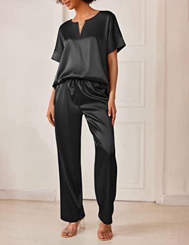 Ekouaer Women's Silk Pajama Short Sleeve Nightwear Satin V Neck Sleepwear Soft Long Pant Silky Sleep Set Black