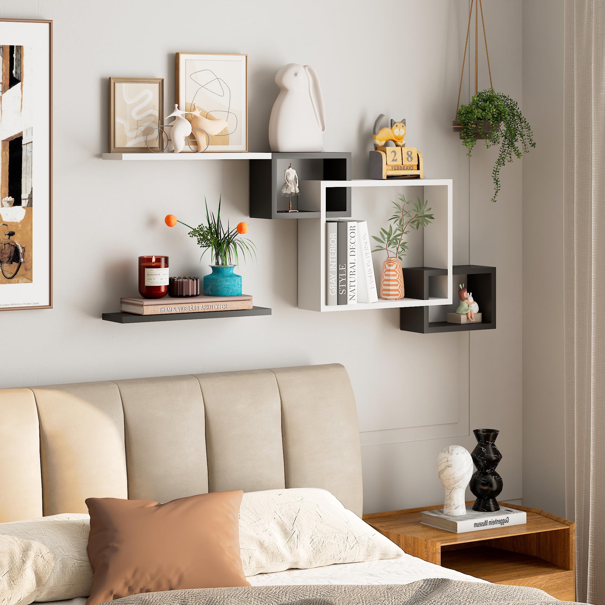 Black&White Intersecting Square Floating Shelves for Wall Decor Modern Decorative Cube Wall Shelves for Display Geometric Boxes Shelves Wall Decoration for Living Room,Dining Room,Bedroom,Home-Pine