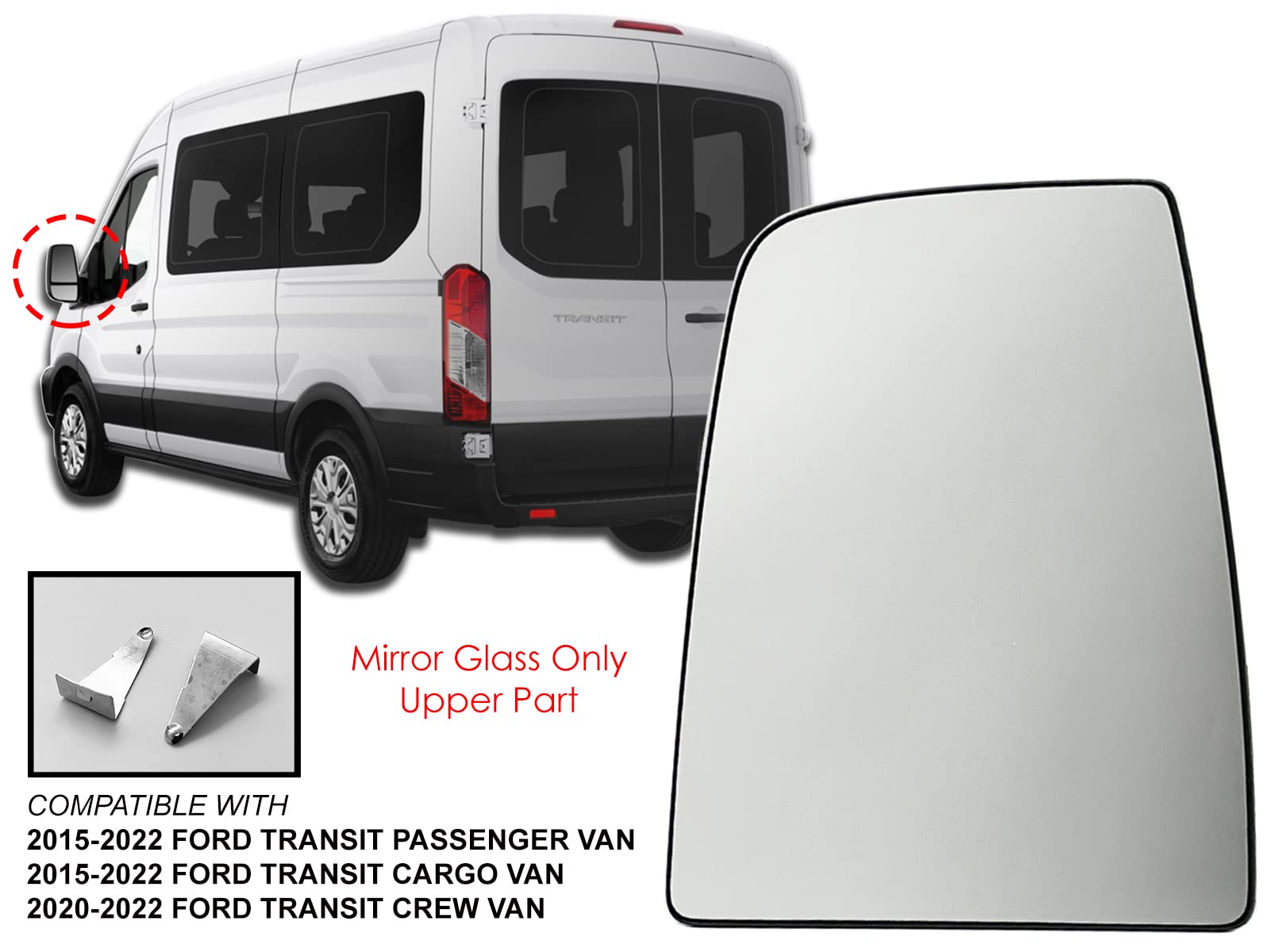 APA Replacement for Exterior Rear View Mirror Glass Upper Non-Heated 2015-2022 TRANSIT Van 150 250 350 Driver Left Side FO1324147 CK4Z17K707A