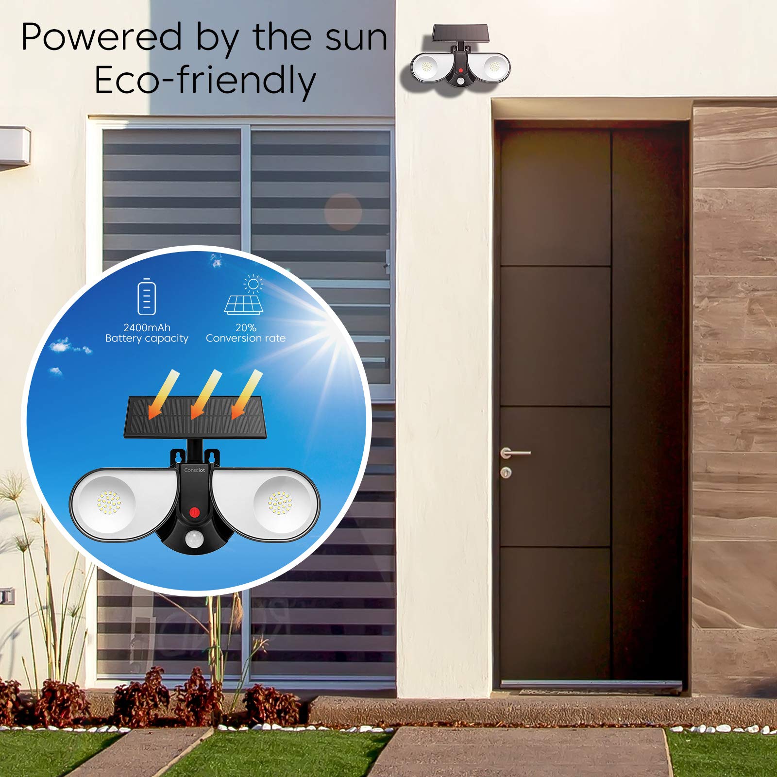 Consciot Solar Lights Outdoor, Ultra Bright Motion Sensor Solar Security Light 1000lm, 40 LED Wall Flood Light with Adjustable Dual Heads, IP67 Waterproof for Garage Patio Garden, Cool White, 2 Pack (OC-WL-001A)