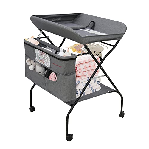 Kiss My Heart Portable Baby Changing Table, Diaper Changing Table Dresser Changing Station for Infant, Diaper Changing Table Pad, Mobile Nursery Organizer for Newborn -Grey…