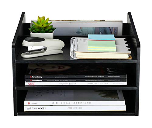 PAG Wood Desktop File Organizer Mail Sorter Magazine Rack Paper Holder Telephone Stand with Adjustable Drawer, Black