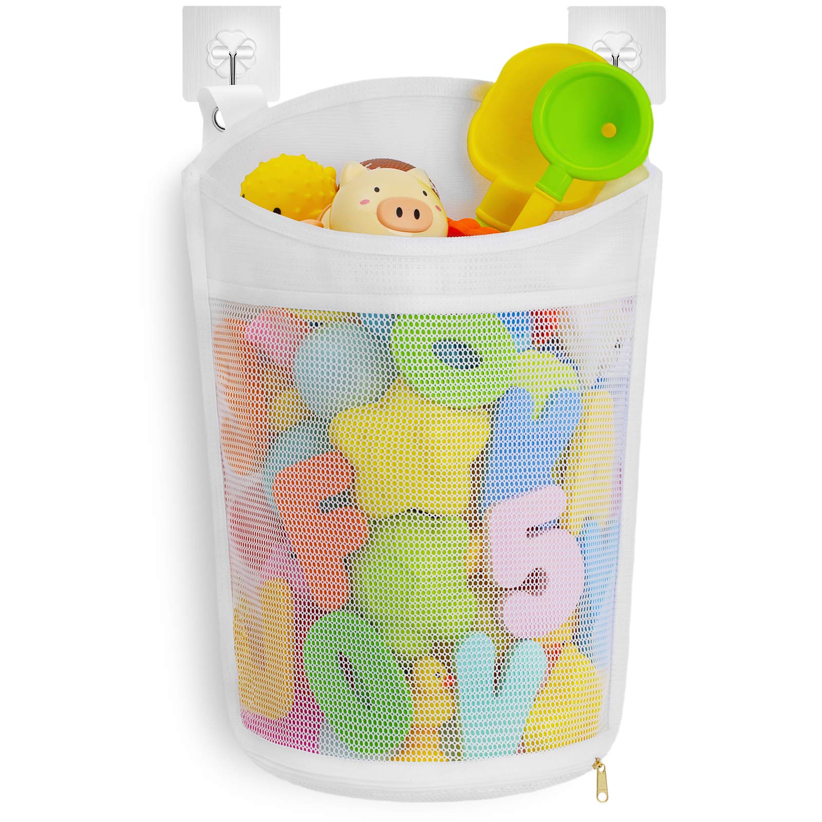 FHDS Clever Zippered Mesh Bath Toy Organizer, Multiple Ways to Hang, Ultra Large Capacity & Large Opening, Multi Use Bathtub Toy Storage Bag ( Large, White )