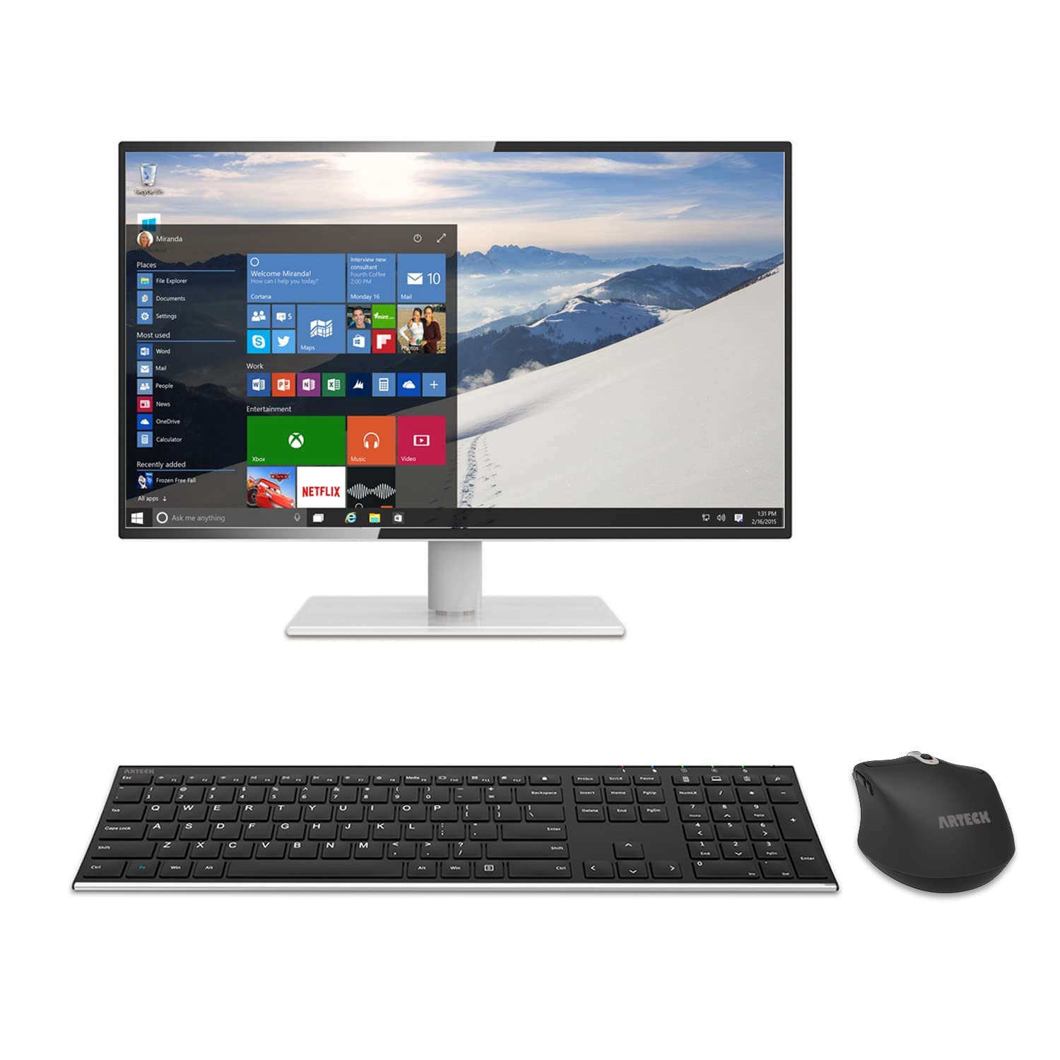 Arteck 2.4G Wireless Keyboard and Mouse Combo Stainless Steel Ultra Slim Full Size Keyboard Keyboard and Ergonomic Mice for Computer Desktop PC Laptop and Windows 10/8/7 Build in Rechargeable Battery