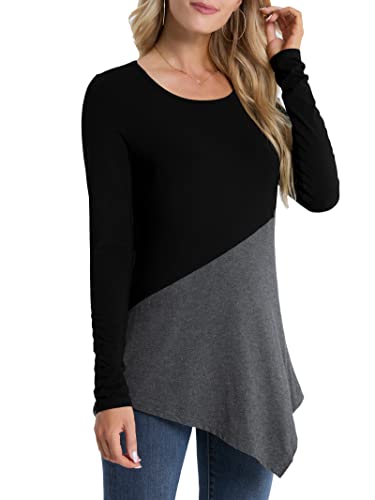 DJT Women's Long Sleeve Tunic Shirts Scoop Neck Hanky Hem Color Block Stretch Casual Fall T Shirt Tops XL Black Heather Grey