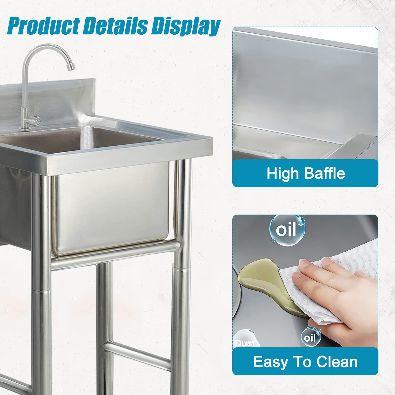 ALEEJA Kitchen Sink, 304 Stainless Steel Single Bowl Sink, Free Standing Prep & Utility Sink, Washing Hand Basin for Restaurant, Laundry, Garden