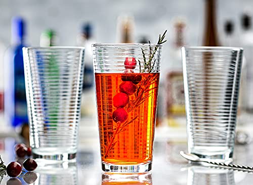 Le'raze Set of 16 Heavy Base Ribbed Durable Drinking Glasses Includes 8 Cooler Glasses (17oz) and 8 Rocks Glasses (13oz) - Clear Glass Cups - Elegant Glassware Set. Cordial Glasses