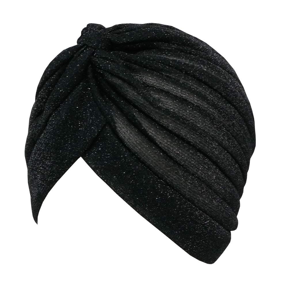 GETACOTA Pleated Glitter Turban for Women Stretchy Hat Beanie Headwrap Knot Twist Elastic Chemo Slip on Cap Headwear Accessories (Black)
