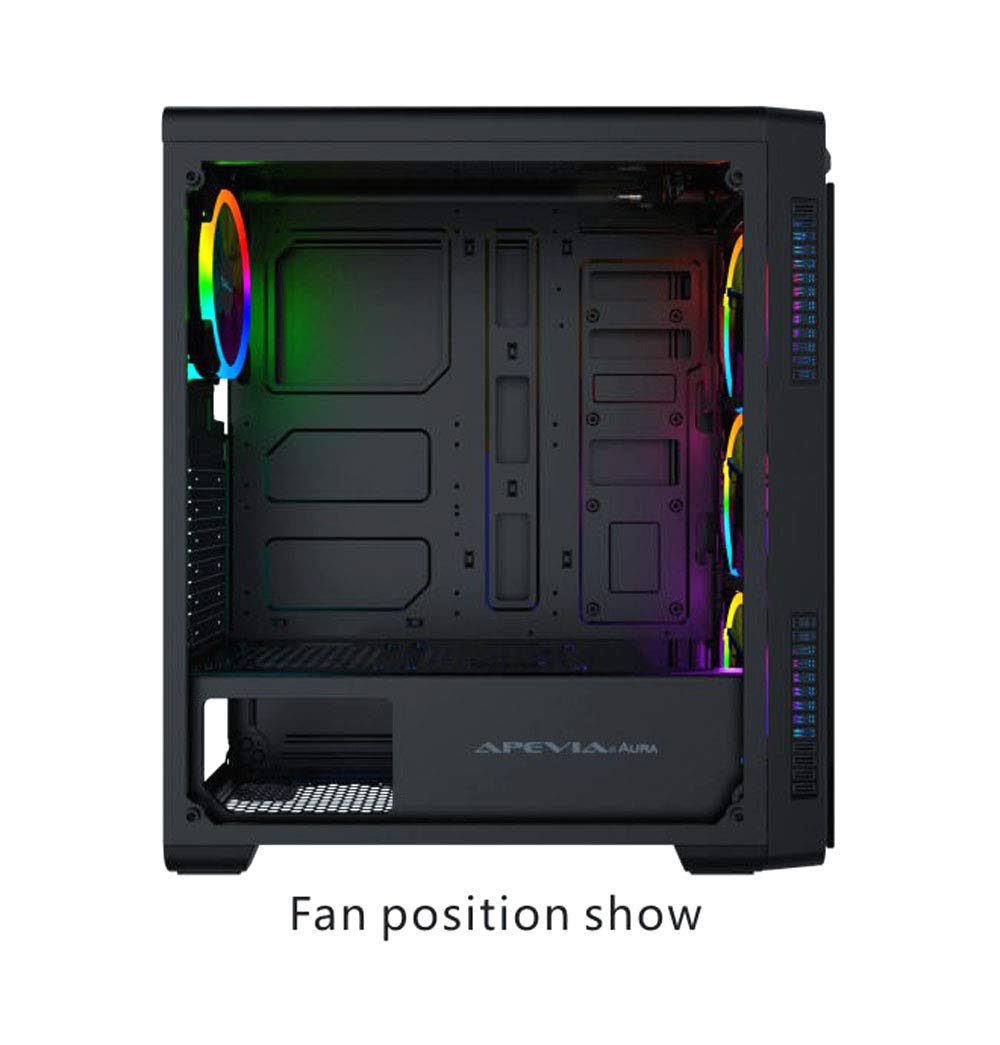 Apevia Aura-S-BK Mid Tower Gaming Case with 2 x Full-Size Tempered Glass Panel, Top USB3.0/USB2.0/Audio Ports, 4 x RGB Fans, Black Frame