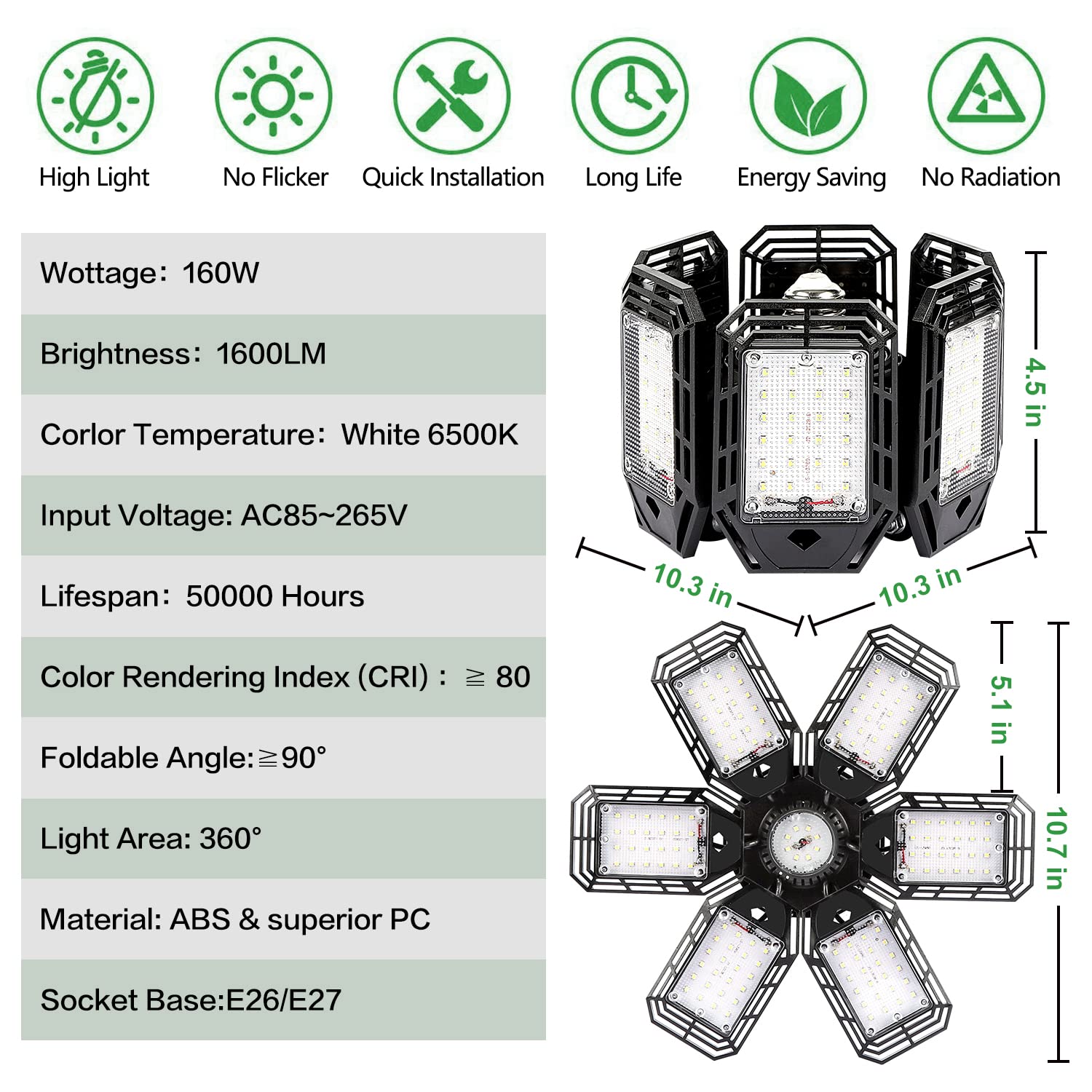 AILUKI LED Garage Light 2 Pack 160W E26 1600LM Deformable Led Garage Ceiling Lights 6500K Daylight White with 6 Adjustable Panels for Garage, Barn, Workshop,Warehouse
