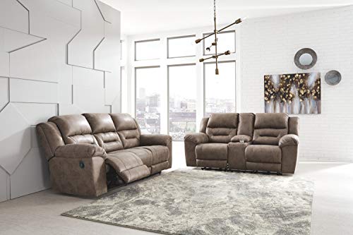 Signature Design by Ashley Stoneland Faux Leather Manual Pull Tab Reclining Sofa, Light Brown