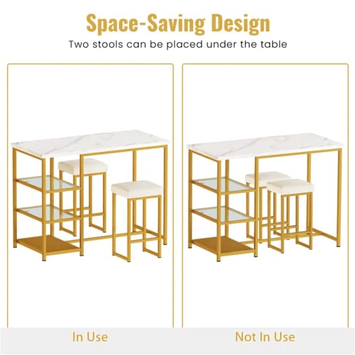 DKLGG 3-Piece Dining Table Set, Counter Height Pub Table with 2 Upholstered Bar Stools/Chairs, Small Space Faux Marble Bar Tabletop Storage Shelves, Breakfast Nook, Gold