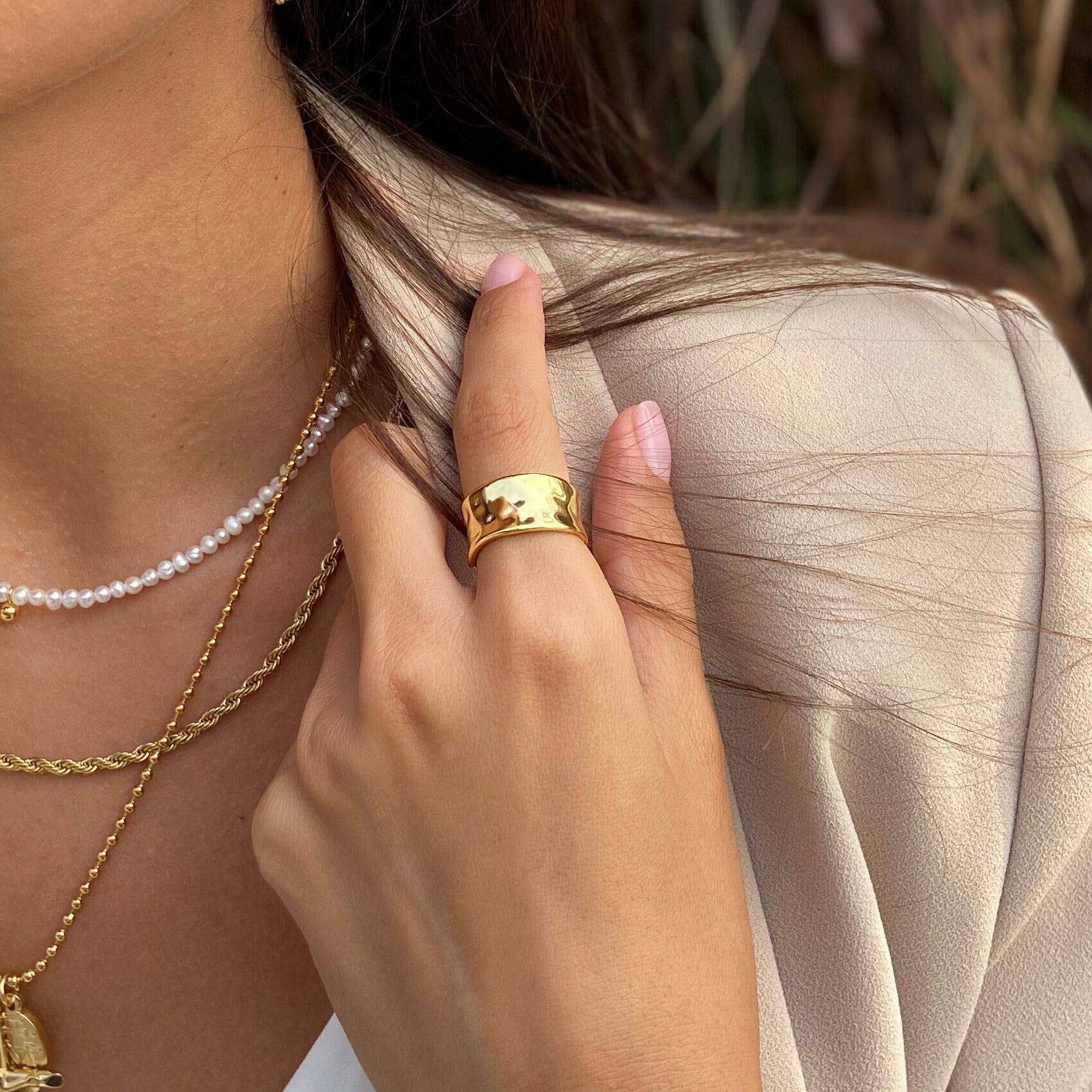 ailov Hammered Wide Band Ring Adjustable Open Tube Armor Cuff Ring Big Gold-plated Textured Brass Jewelry
