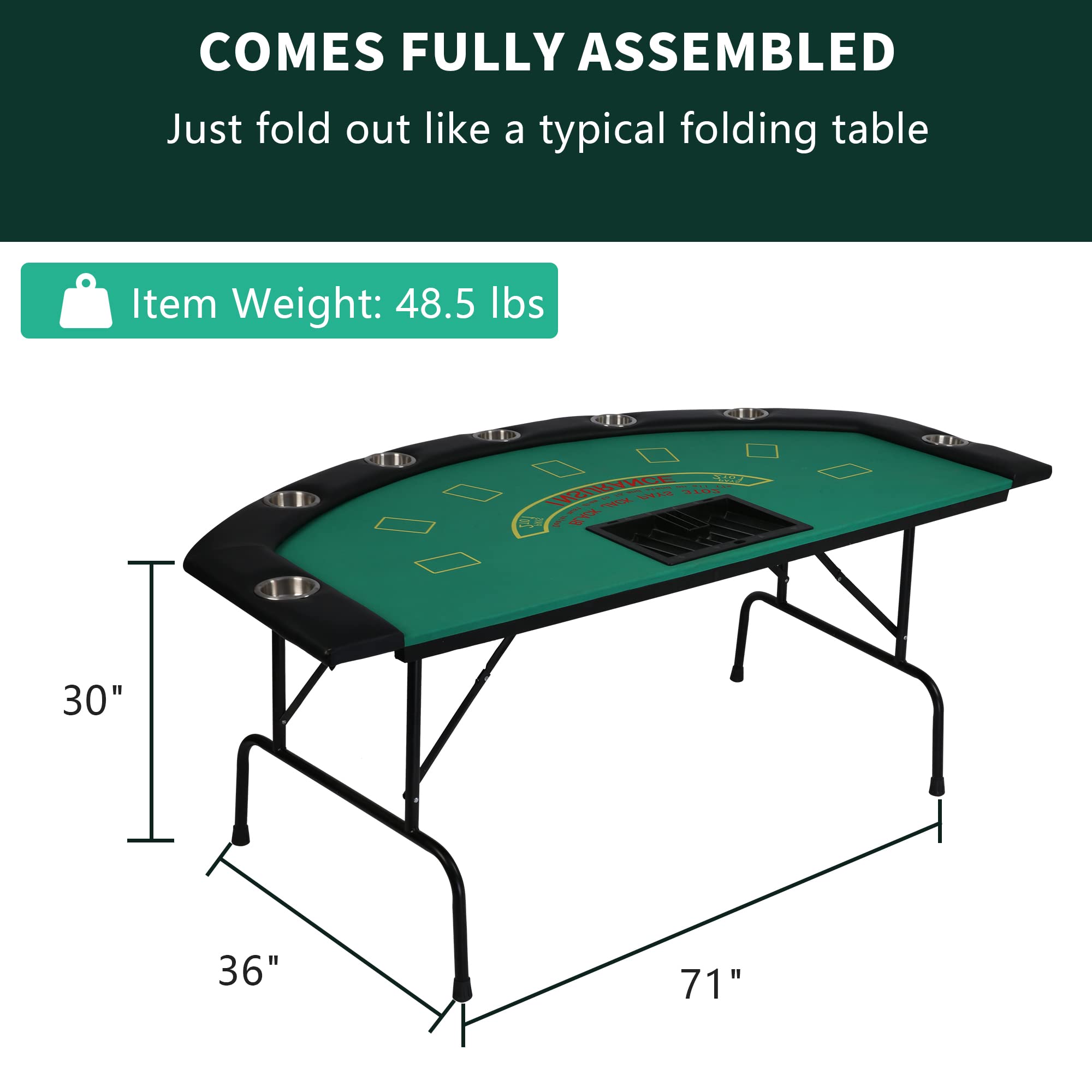 Vilobos 7 Player Blackjack Table with Folding Legs 71'' Casino Game Table Removable Metal Cup Holder Green Felt